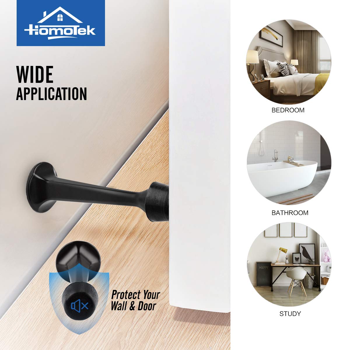 HOMOTEK 8 Pack Heavy Duty Solid Rigid Door Stop with Soft Rubber Tip, Zinc Die Cast Door Stopper Protect Wall & Door, Black