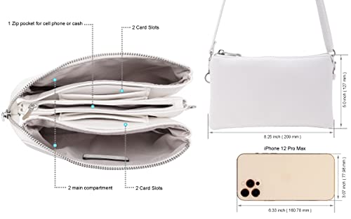 B BRENTANO Vegan Leather Multi-Pocket Interchangeable Crossbody Purse to Clutch with Card Slots, Removable Wristlet Strap and Adjustable Shoulder Strap (White Silver)