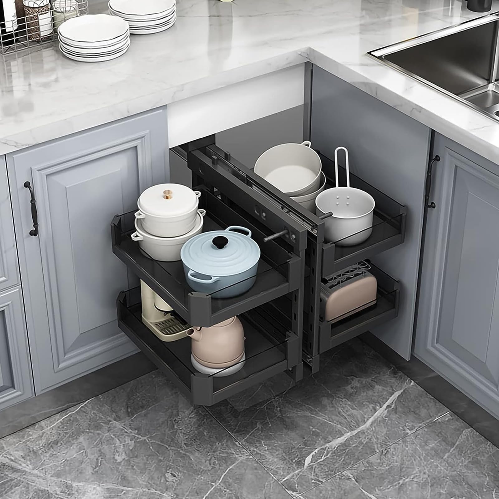 QLYFWLKQ Blind Corner Cabinet Pull Out Organizer, 2 Tier 4 Shelf Chrome Blind Corner Soft Close, Corner Kitchen Cabinet Pull Out Storage Rack Shelf
