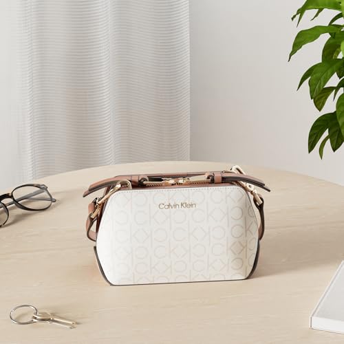Calvin Klein Lucy Triple Compartment Crossbody, Vanilla/Khaki/Caramel Embossed