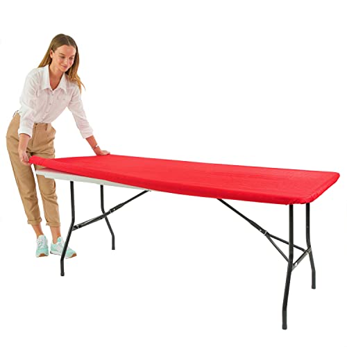 Fitted Rectangle Tablecloth for 6 Foot Tables – Reusable Elastic Edge Table Cover for Folding Banquet Tables – Washable 100% Polyester Fabric with Mitered Corners for Parties and Picnics (32x72 inch)