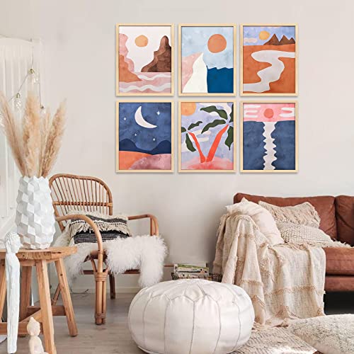 ArtbyHannah 8x10 Boho Framed Wall Art Set of 6 with Mid-Century Bohemian Motifs for Home Gallery Wall Art Decor