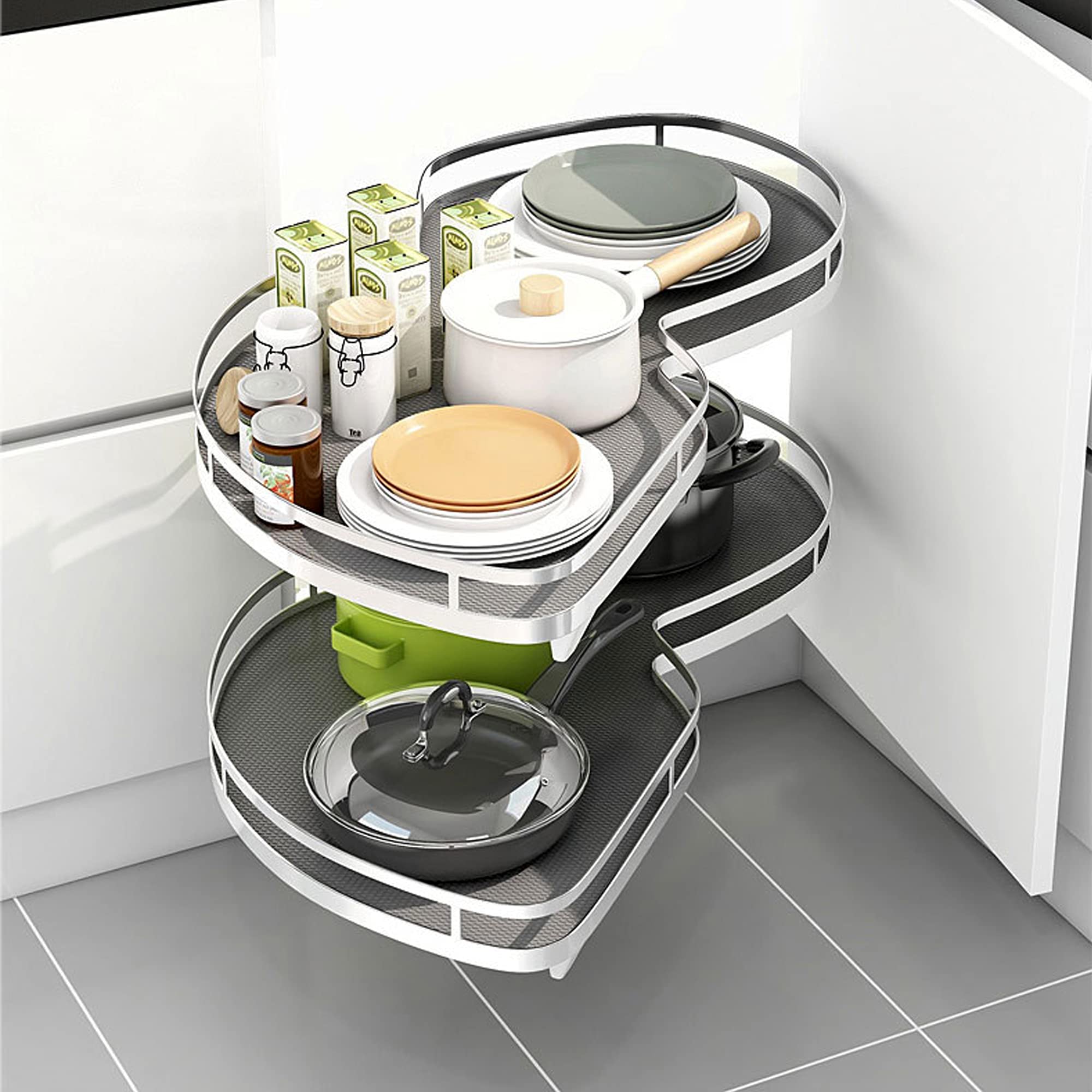 Yu Liao Kitchen Cabinet Blind Corner Organizer,Stainless Steel Saucer Holder,270°Rotating Storage for Cabinet,2 Tiers Swing Tray,Right Handed Open
