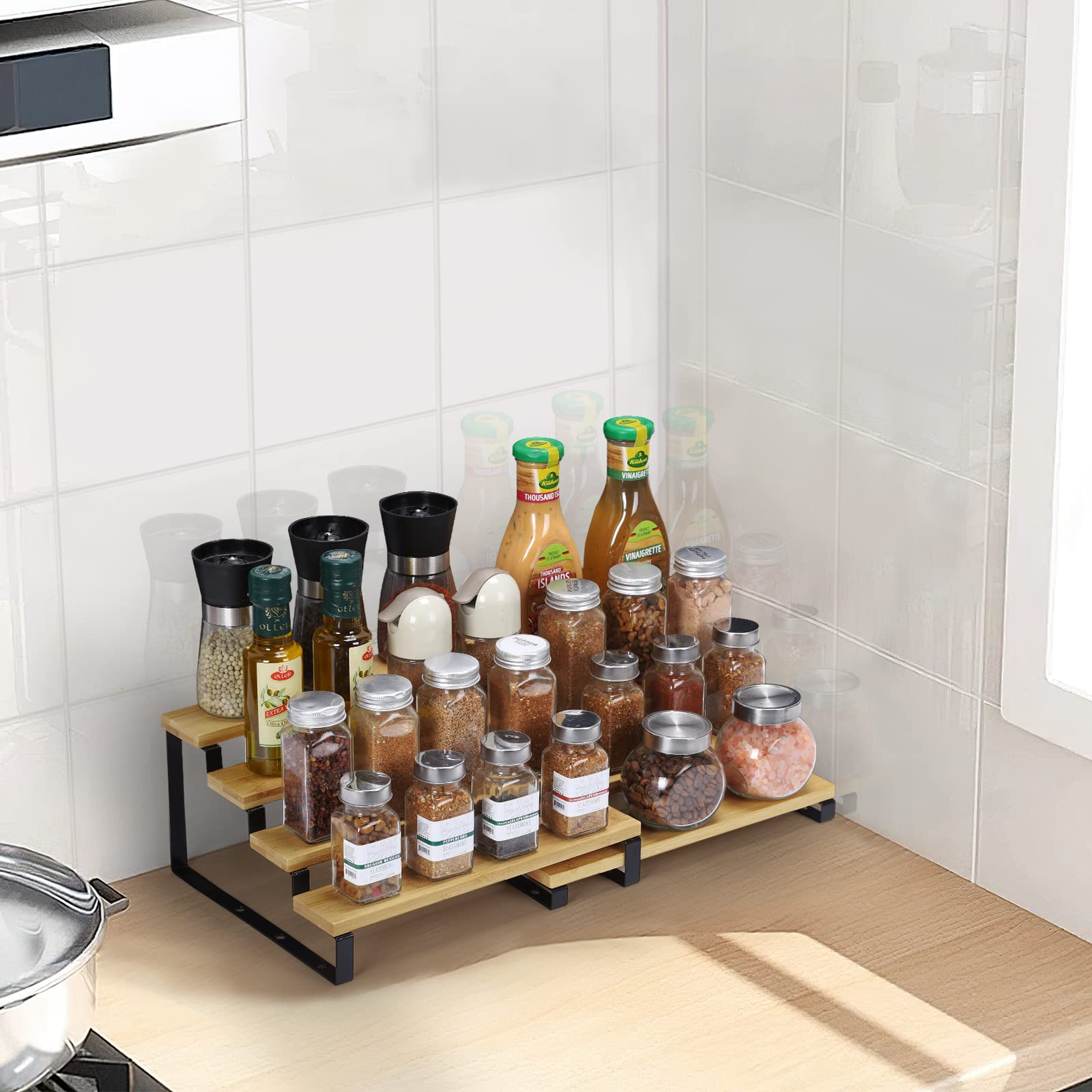 MOOACE 4-Tier Bamboo Spice Rack Organizer for Cabinet, Expandable Spice Rack Shelf Organizer for Kitchen Cabinet Countertop, Set of 2