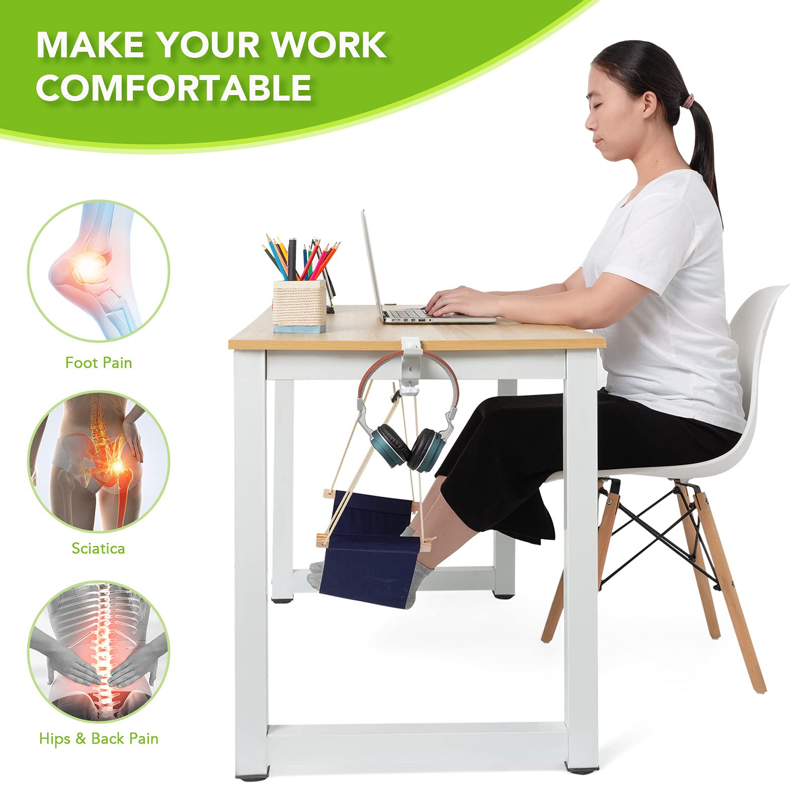 Foot Hammock Under Desk Footrest | Adjustable Office Foot Rest Under Desk Hammock | Portable Desk Feet Hammock with Headphones Holder (Black)