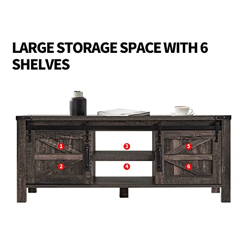 OKD 48-Inch Coffee Table Wood Cocktail Table Farmhouse Modern Center Rectangular Tables, with Sliding Barn Doors and Storage Cabinets Shelves, for Living Meeting Room, Dark Rustic Oak