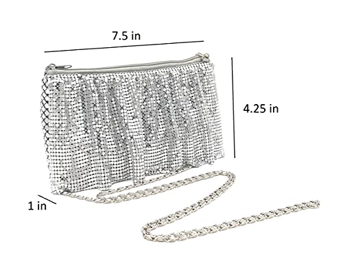 Frewahmesh Women Evening Clutch Metal Mesh purses handbags with shoulder chain strap for Cocktail Party Prom Wedding (Silver)