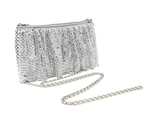 Frewahmesh Women Evening Clutch Metal Mesh purses handbags with shoulder chain strap for Cocktail Party Prom Wedding (Silver)