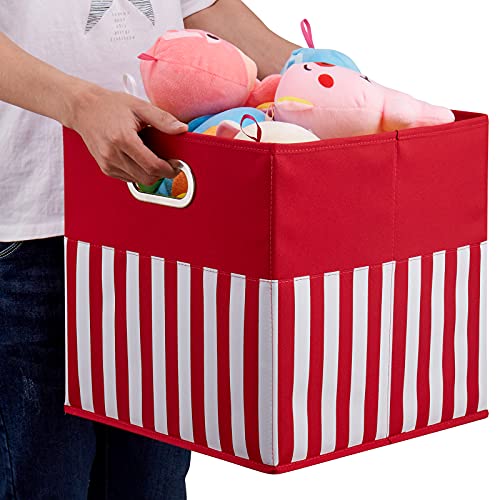 HSDT Fabric Storage Cube Bins 13x13x13 Inch Foldable Boxes Red Cloth Basket with White Strip Pattern for Shelves or Closet Organzier ,QY-SC34-3