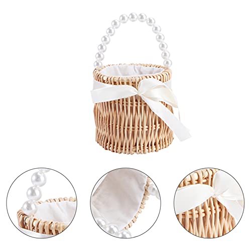 IMIKEYA Wicker Storage Basket Rattan Handbags Straw Flower Girl Basket Rustic Wedding Ring Bearer with Pearl Handle Summer Beach Tote Bag for Summer Photo Prop Wicker Hamper