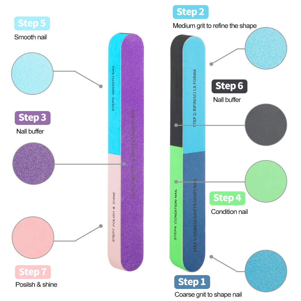 12 PCS 7 Way Nail File and Buffer Block, YIMICOO Professional Manicure Tools 7 Steps Emery Boards for Women Girls