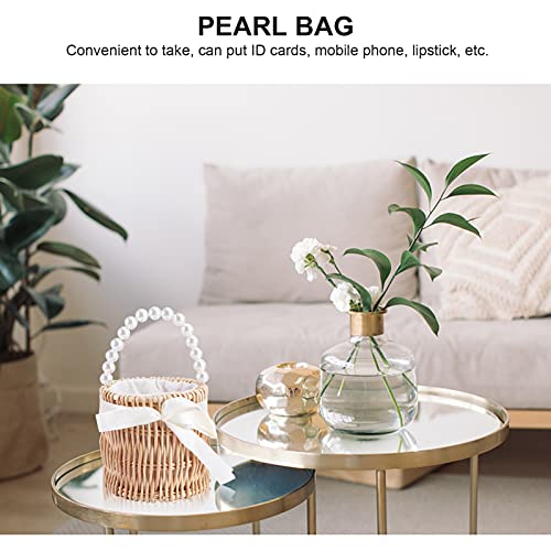 IMIKEYA Wicker Storage Basket Rattan Handbags Straw Flower Girl Basket Rustic Wedding Ring Bearer with Pearl Handle Summer Beach Tote Bag for Summer Photo Prop Wicker Hamper