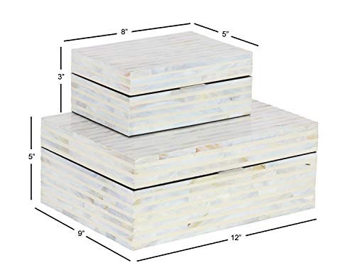 Deco 79 Mother of Pearl Handmade Box with Hinged Lid, Set of 2 12", 8"W, White