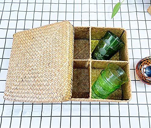 Rectangular Woven Seagrass Storage Basket and Home Organizer Bins,Natural Water Hyacinth Basket (brown, square with lid)