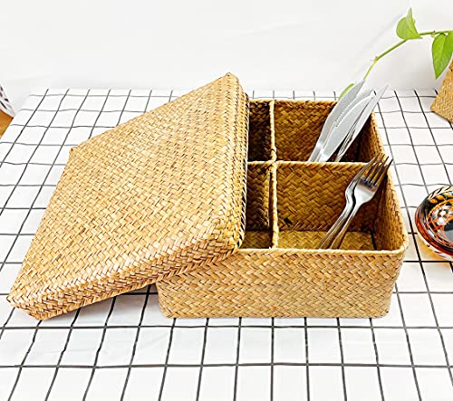 Rectangular Woven Seagrass Storage Basket and Home Organizer Bins,Natural Water Hyacinth Basket (brown, square with lid)