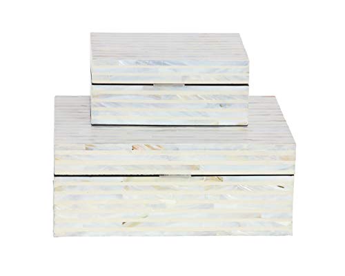 Deco 79 Mother of Pearl Handmade Box with Hinged Lid, Set of 2 12", 8"W, White
