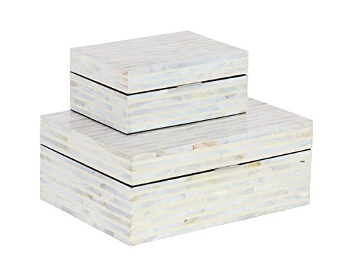 Deco 79 Mother of Pearl Handmade Box with Hinged Lid, Set of 2 12", 8"W, White