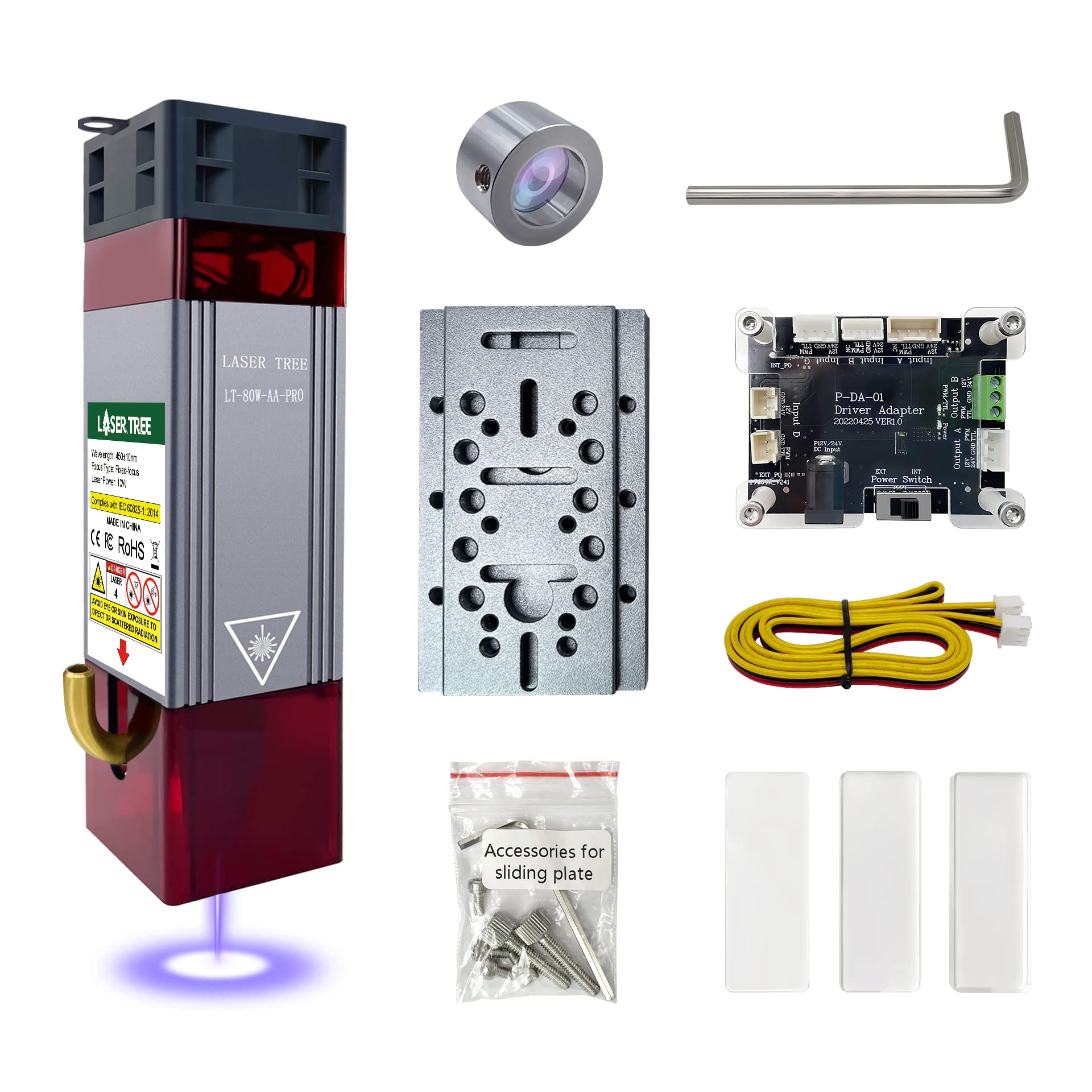 LASER TREE Laser Engraver Module, 80W Laser Engraving Cutting Module for Wood and Metal, 10W Output Power, FAC Ultra Accurate Laser Module with Air Assistance, 45mm Fixed-Focus Laser Cutter Module 12V