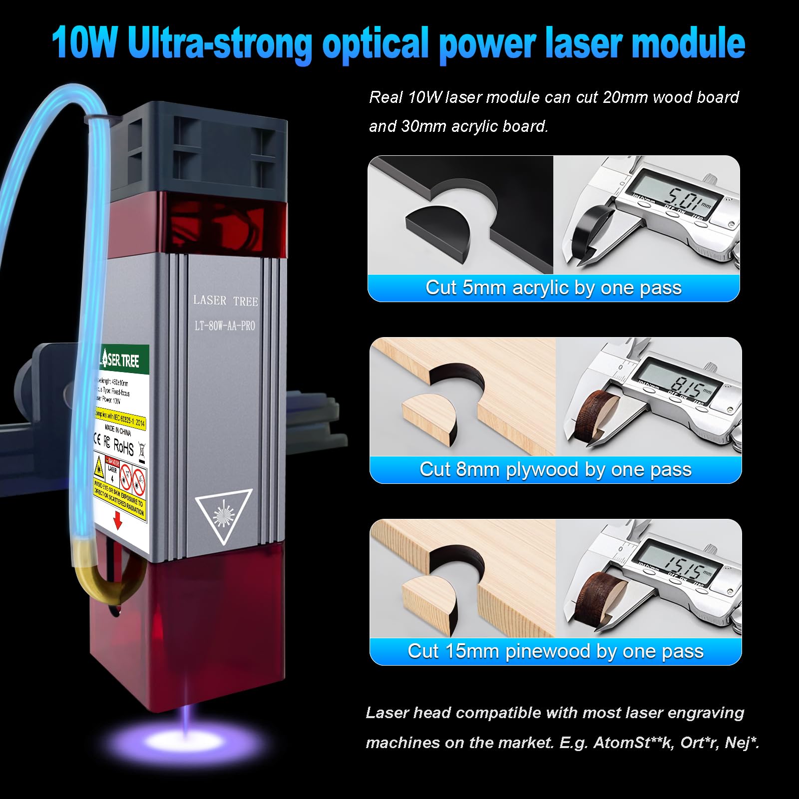 LASER TREE Laser Engraver Module, 80W Laser Engraving Cutting Module for Wood and Metal, 10W Output Power, FAC Ultra Accurate Laser Module with Air Assistance, 45mm Fixed-Focus Laser Cutter Module 12V