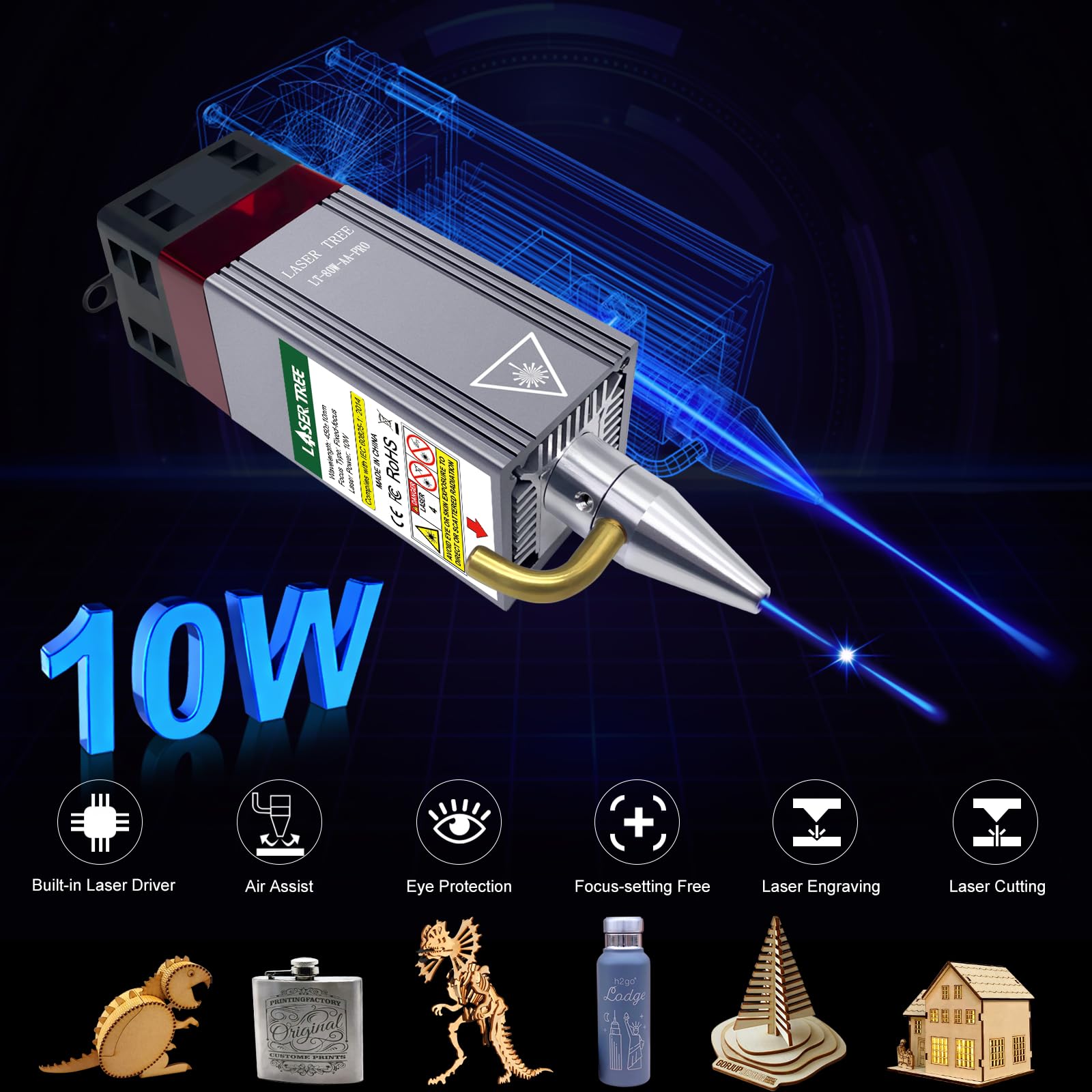 LASER TREE Laser Engraver Module, 80W Laser Engraving Cutting Module for Wood and Metal, 10W Output Power, FAC Ultra Accurate Laser Module with Air Assistance, 45mm Fixed-Focus Laser Cutter Module 12V