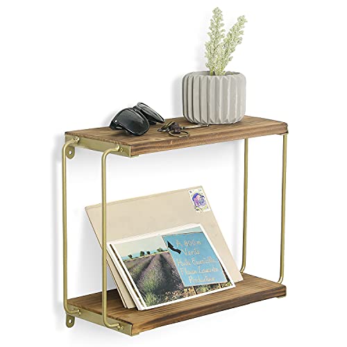 MyGift 2-Tier Burnt Wood Wall Mounted Display Shelves with Vintage Brass Metal Frame