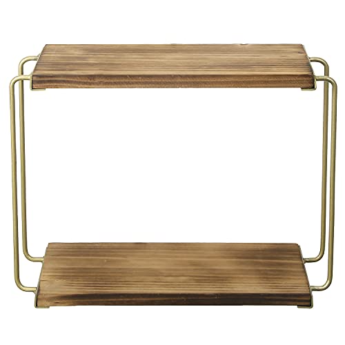 MyGift 2-Tier Burnt Wood Wall Mounted Display Shelves with Vintage Brass Metal Frame