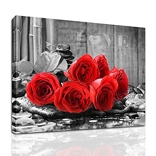 YMYXMC33 Red Rose Flower Picture Decor Wall Art Canvas Print Black and White Poster Country Love Decoration Bedroom Kitchen Bathroom12x15