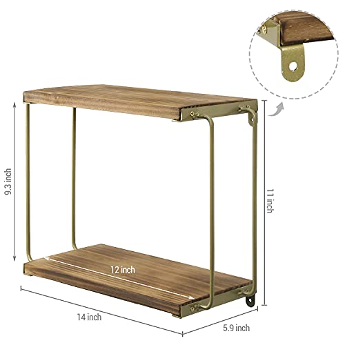 MyGift 2-Tier Burnt Wood Wall Mounted Display Shelves with Vintage Brass Metal Frame
