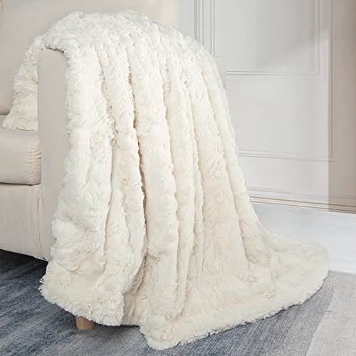 TOONOW Fuzzy Blanket Cozy Faux Fur Luxury Throw Blanket, Extra Soft, Double Sided, Fluffy, Plush Warm Throw Blanket for Couch Sofa Bed, 51''x67'' (White)