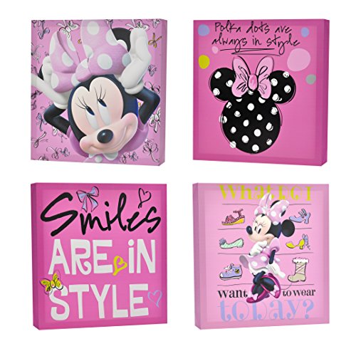 Idea Nuova Disney Minnie Mouse 4 Piece Canvas Wall Art, Children's Home Décor,12-1/4"L x 12-1/4"W x 1-1/2"H,NK318680