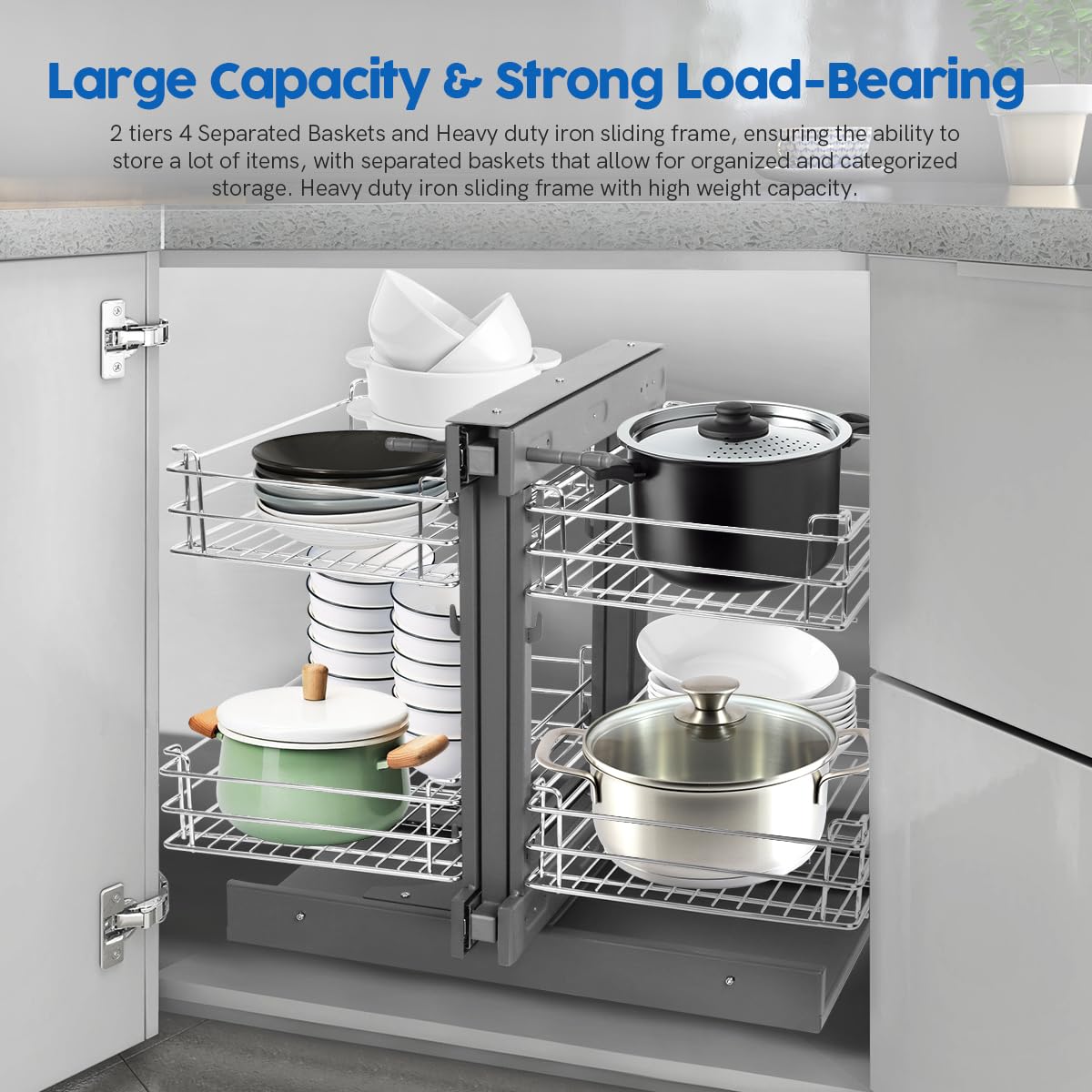 Xverycan Modern Cabinet Corner Organizer, 2-Tier 4-Basket Pull Out, Soft Close, 26.7"L x 18.1"W x 22.4"H