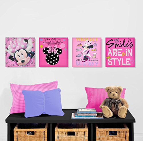 Idea Nuova Disney Minnie Mouse 4 Piece Canvas Wall Art, Children's Home Décor,12-1/4"L x 12-1/4"W x 1-1/2"H,NK318680