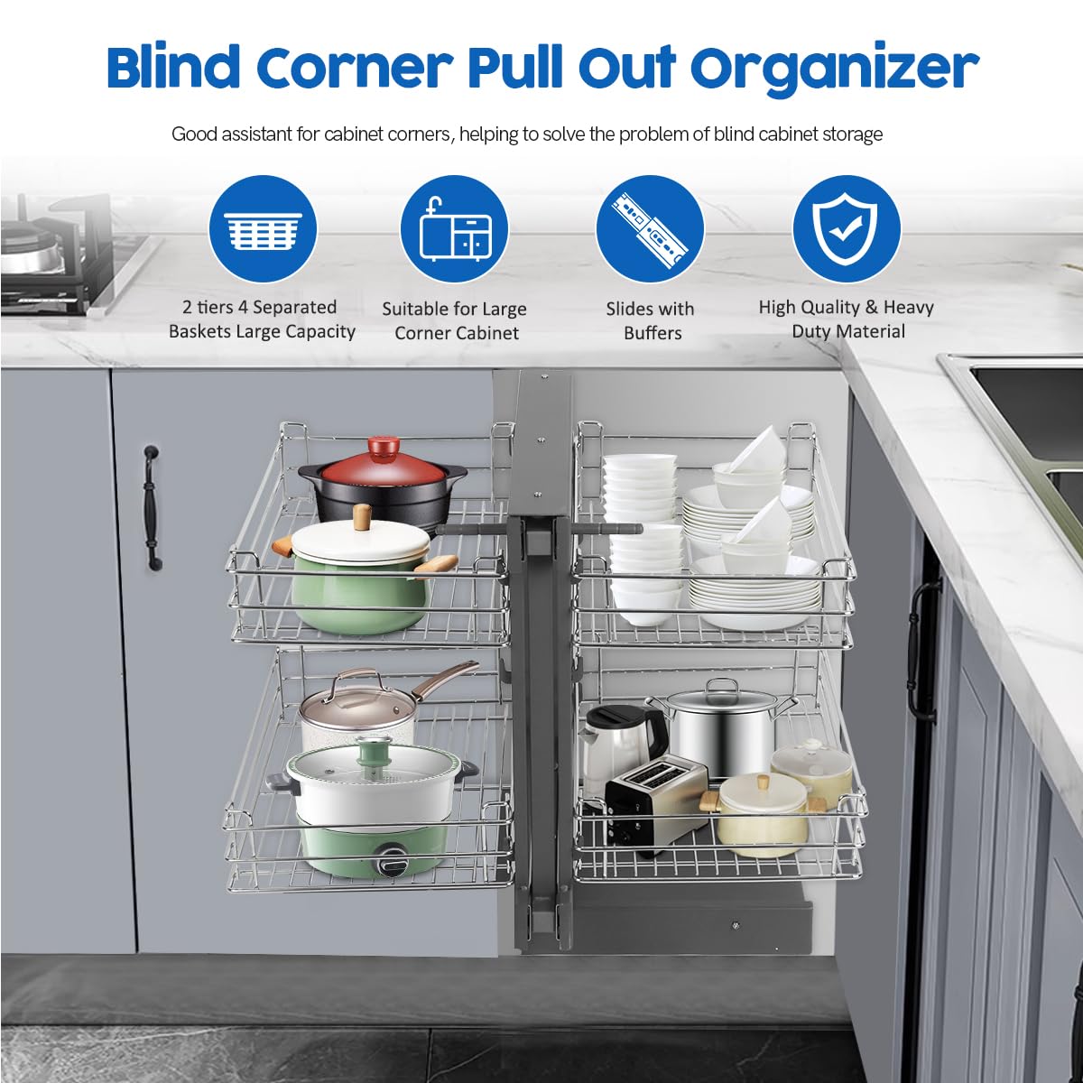 Xverycan Modern Cabinet Corner Organizer, 2-Tier 4-Basket Pull Out, Soft Close, 26.7"L x 18.1"W x 22.4"H