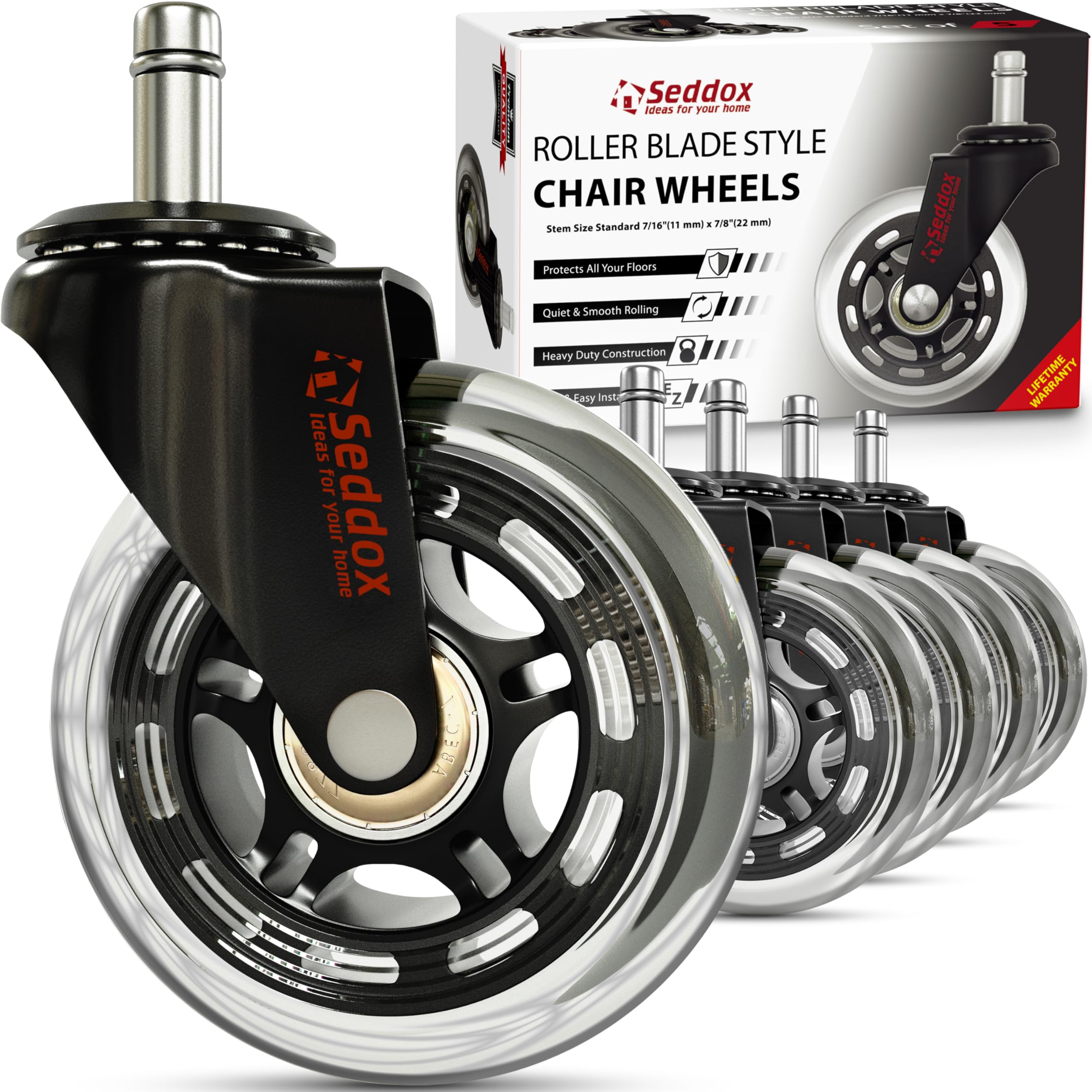Professional Office Chair Caster Wheels GIFT SET of 5 - PROTECT ALL YOUR FLOORS - 3'' Heavy Duty Replacement Rubber Desk Chair Casters - Best Protection for Your Hardwood Floors