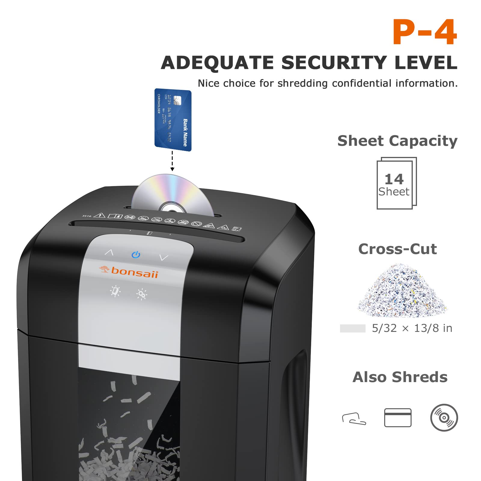 Bonsaii 14 Sheet Paper Shredder for Office, 60-Mins Cross-Cut P-4 Level Paper Shredder Shreddable Document/Mails/CDs/Credit Cards with 4.2 Gal Pullout Basket, Jam Proof & 4 Casters(3S16 Upgrade)