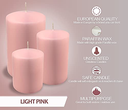 Hyoola Light Pink Pillar Candles 3x6 Inch - 6 Pack Unscented Pillar Candles Bulk - European Made