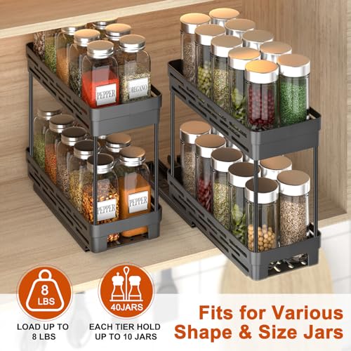 Spice Rack Organizer for Cabinet, 2 Pack Pull Out Spice Rack for Kitchen Inside Cabinets, Vertical Spice Organizer, 2-Tier Spice Cabinet Organizer Slide Out Spice Racks, 4.33''Wx10.43''Dx8.5''H