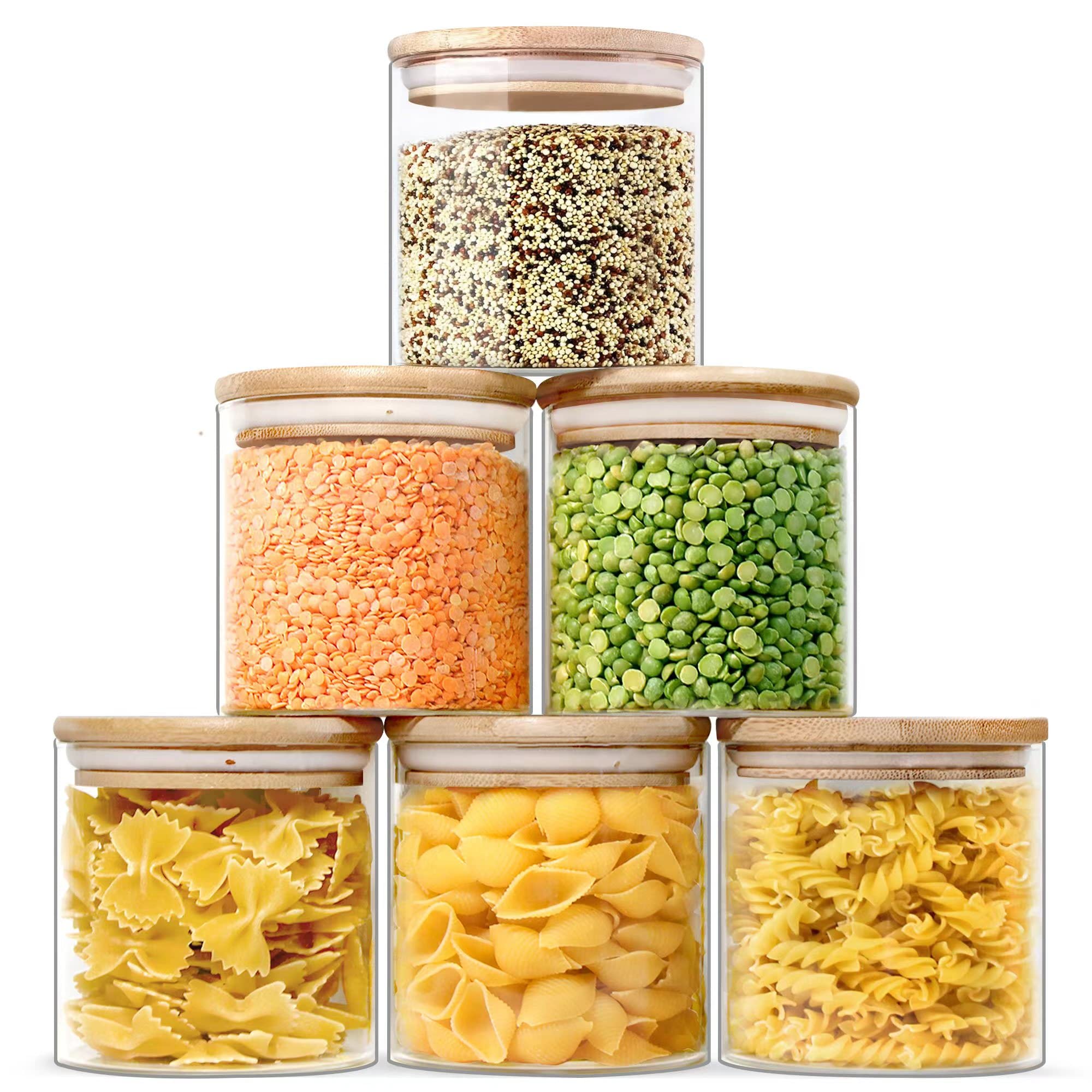 Urban Green Glass Jars with Bamboo Lids, Glass Airtight Canisters sets, Glass Food Storage Container, Pantry Organization and Storage Jars, Kitchen Canisters Sets, Spice Jars, Flour Containers of 6