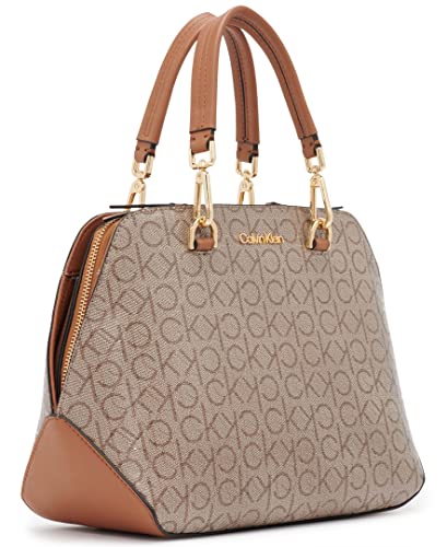 Calvin Klein Lucy Triple Compartment Satchel, Almond/Taupe/Caramel Embossed