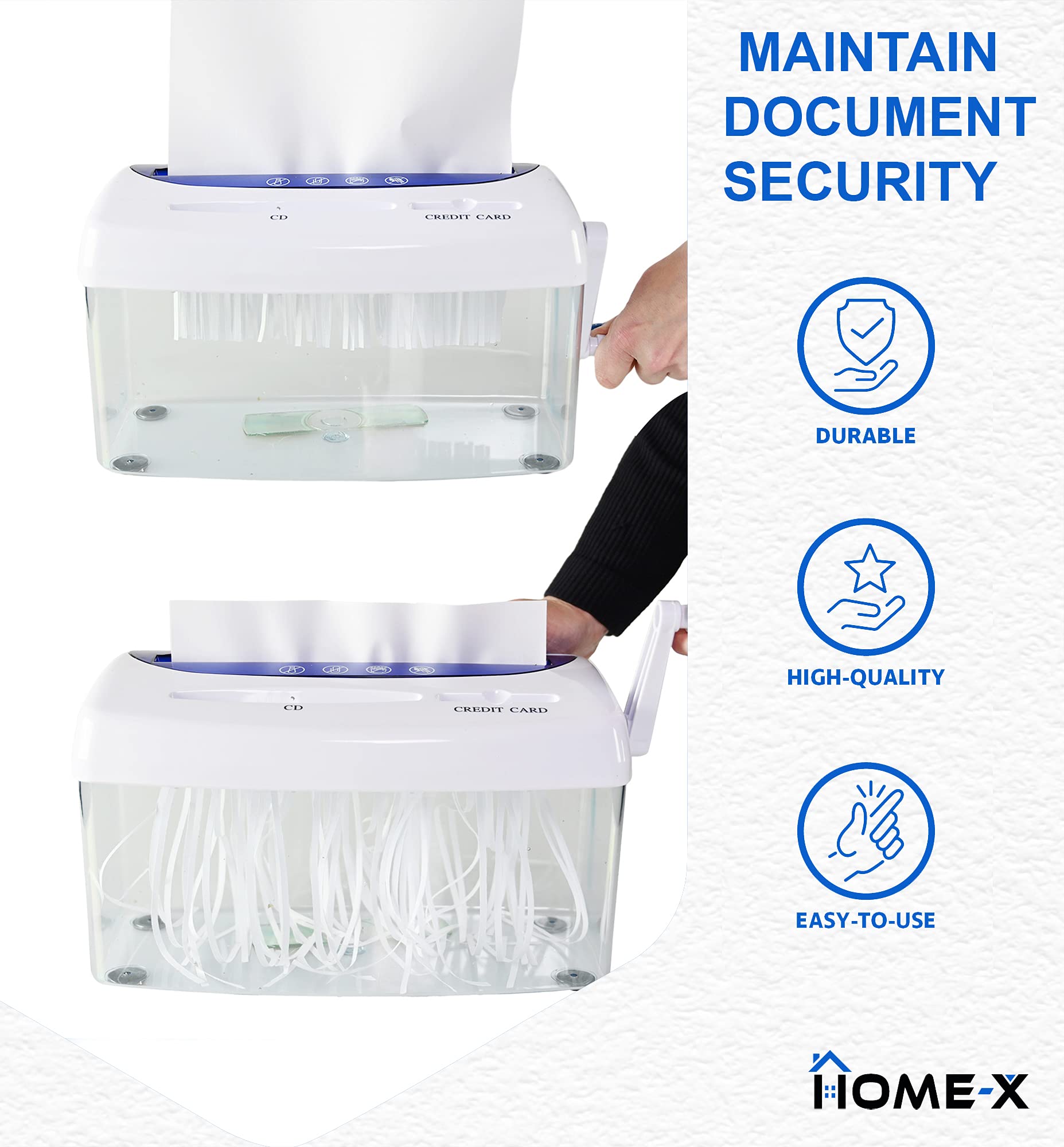 HOME-X 3-in-1 Hand Crank Paper Document Shredder for A4 Paper, Credit Cards, CDs-Manual Shredder Documents Paper Cutting Tool Home Office Desktop Stationery