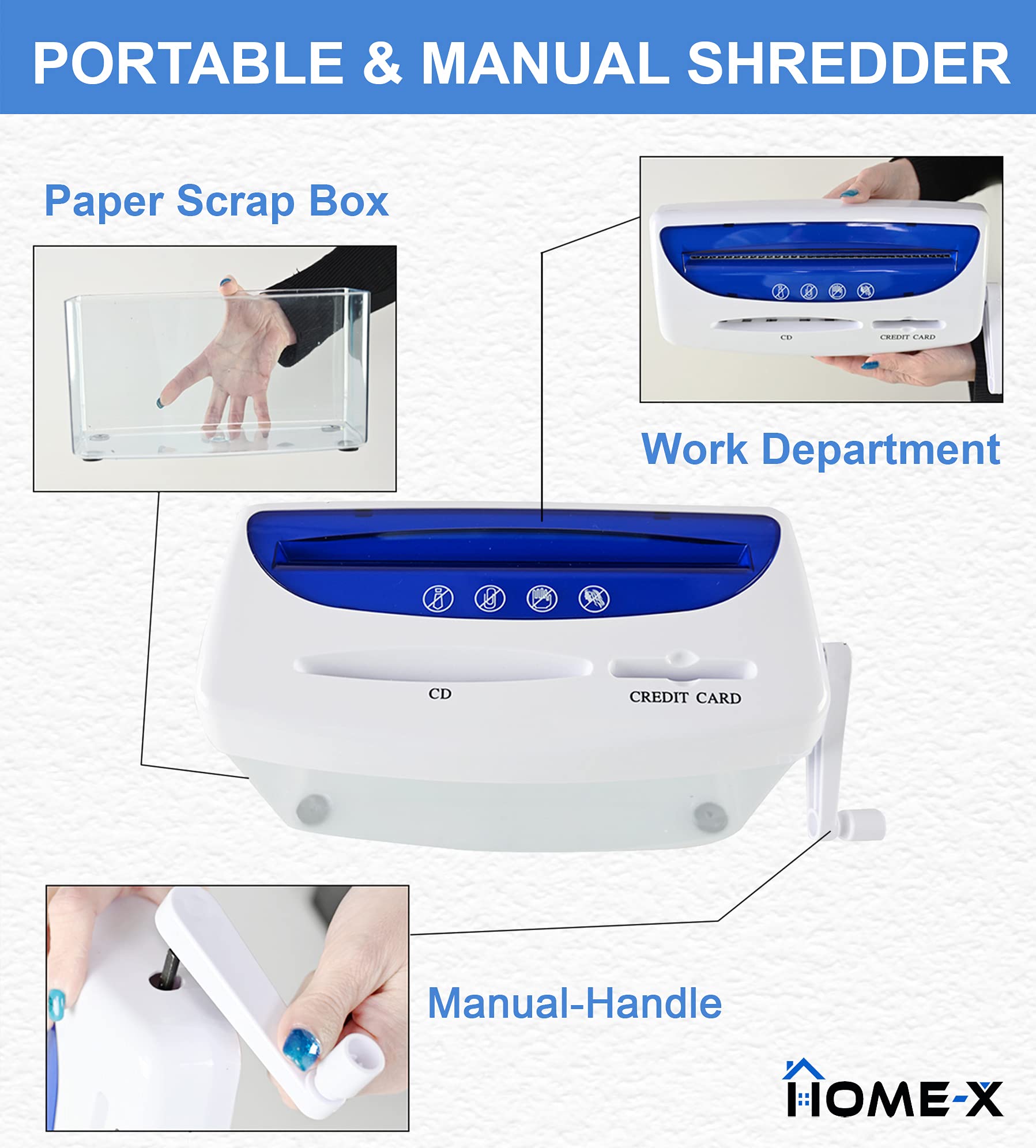 HOME-X 3-in-1 Hand Crank Paper Document Shredder for A4 Paper, Credit Cards, CDs-Manual Shredder Documents Paper Cutting Tool Home Office Desktop Stationery
