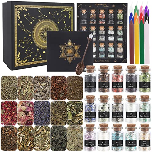 Witchcraft Supplies Kit Box Witch Tools - 15 Pack Crystals Dried Herbs 15 Pack Colored Magic Candles for Meditation Divination - Suitable for Beginners Experienced Witches Pagan Decor Altar Supplies