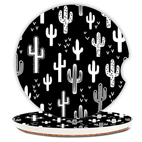 Abstract Ceramic Cup Holders Car Coasters for Women/Men,Absorbent Drink Cup Car Holder Coasters with A Finger Notch 2.56" Pack of 2,Fun Western Cactus Black White Monochromatic Arizona Botanical