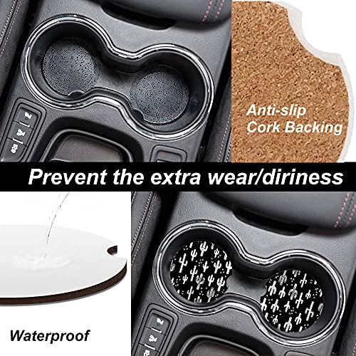 Abstract Ceramic Cup Holders Car Coasters for Women/Men,Absorbent Drink Cup Car Holder Coasters with A Finger Notch 2.56" Pack of 2,Fun Western Cactus Black White Monochromatic Arizona Botanical
