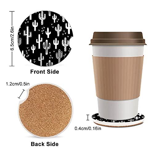 Abstract Ceramic Cup Holders Car Coasters for Women/Men,Absorbent Drink Cup Car Holder Coasters with A Finger Notch 2.56" Pack of 2,Fun Western Cactus Black White Monochromatic Arizona Botanical