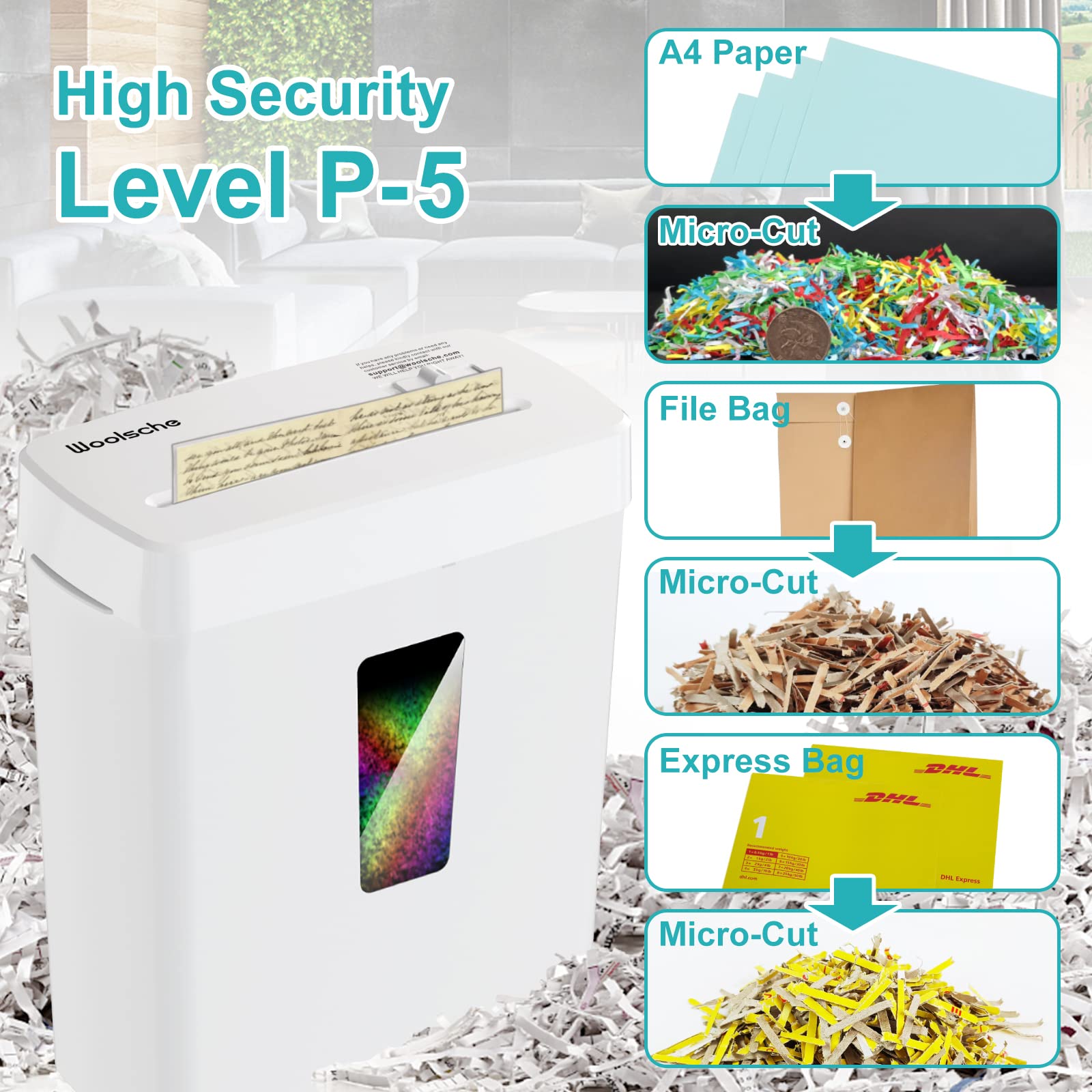 Woolsche Paper Shredder, P-5 Security Level, 6-Sheet Micro Cut with 3.43-Gallon Basket, Durable & Fast with Jam Proof System, Paper Shredder for Home Office (ETL)