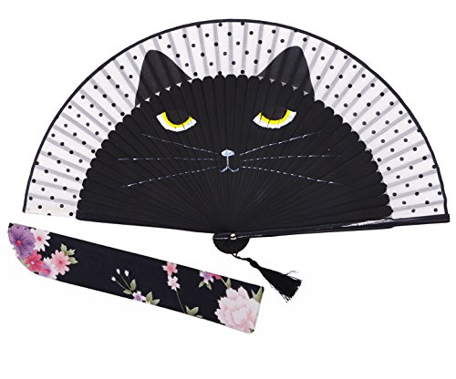 Amajiji Women Lovely Black Cat Folding Silk Fan Handheld Fan for Wedding, Dancing, Church, Party, Gifts (Black)