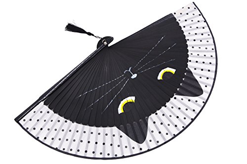 Amajiji Women Lovely Black Cat Folding Silk Fan Handheld Fan for Wedding, Dancing, Church, Party, Gifts (Black)