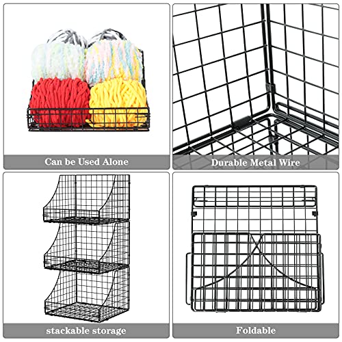Storage Bins Closet Organizers and Storage 3 Pack, Rustic Stackable Metal Wire Basket for Clothes Toys Snacks, Open Pantry Baskets for Countertop Cabinet Living Room Black, 11.5x11.5x21inch