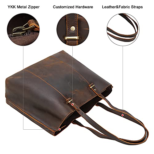 TIDING Vintage Full Grain Leather Tote Shoulder Bag for Women Business Work Satchel Handbag with Top Handles